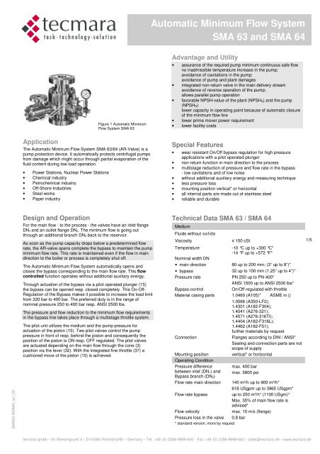 Automatic Recirculation Valve SMA63 and SMA64 - tecmara gmbh