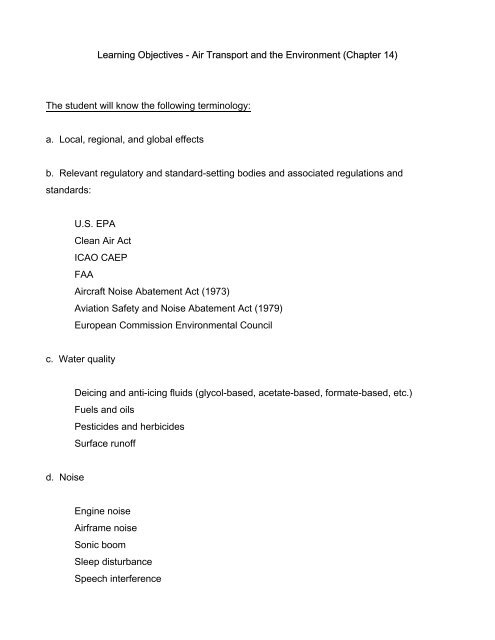 Learning Objectives - Air Transport and the Environment (Chapter ...