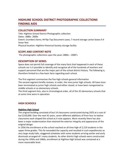 Photo Collection Finding Aid - Highline Historical Society