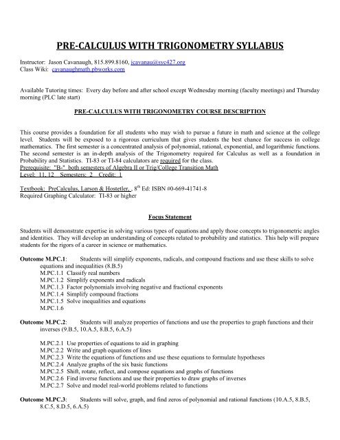 PRE-CALCULUS WITH TRIGONOMETRY SYLLABUS