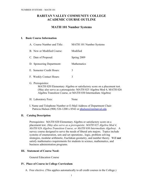 raritan valley community college academic course outline math 101