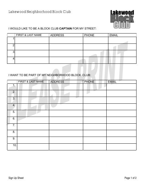 Block Club Sign Up Sheet