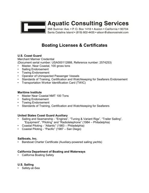 Boating Licenses & Certificates - Aquatic Consulting Services