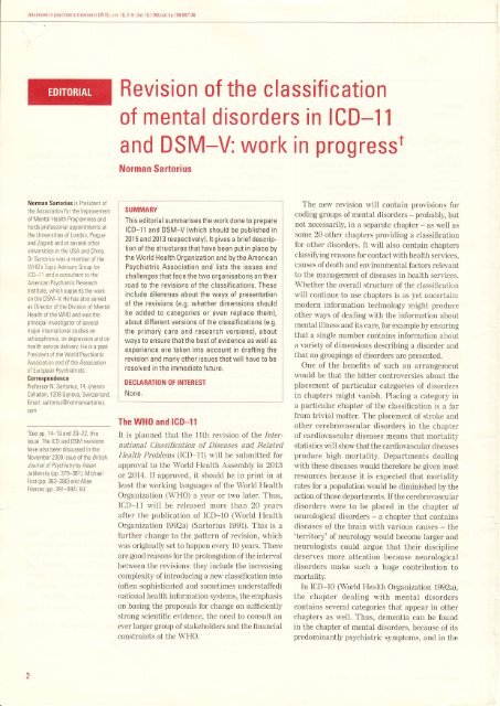 Revision of Classification of mental disorders in ICD-11 and DSM-V