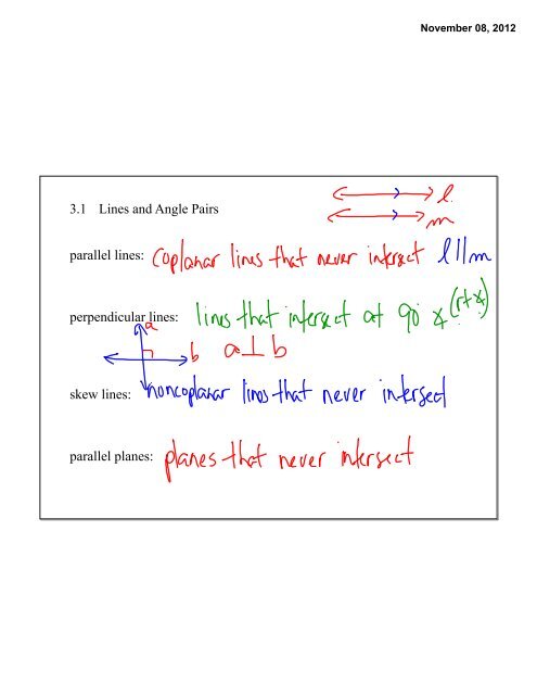 3.1 Lines and Angle Pairs parallel lines: perpendicular lines: skew ...