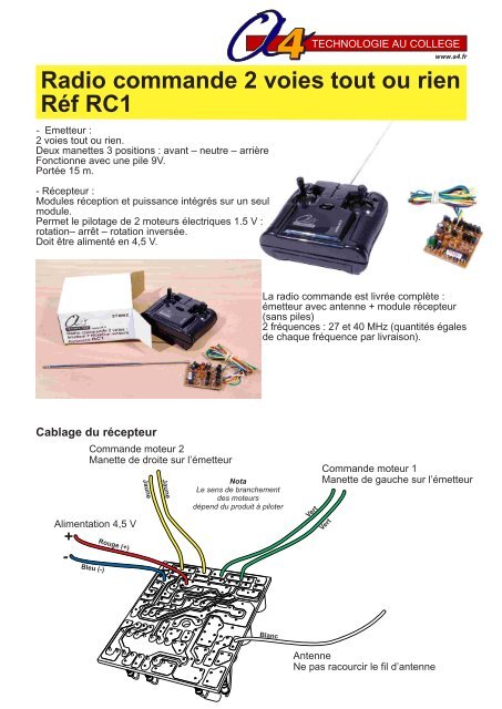 Radio commande 2 voies tout ou rien RÃ©f RC1 - A4 Technologie