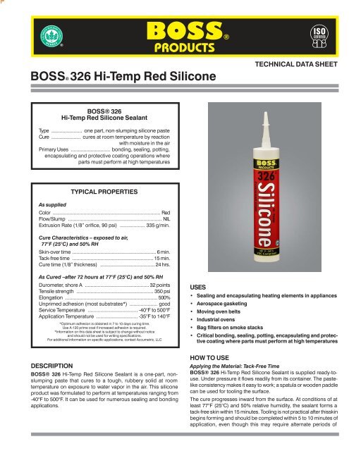 Boss 326 Red Silicone Data Sheet - Spa Depot