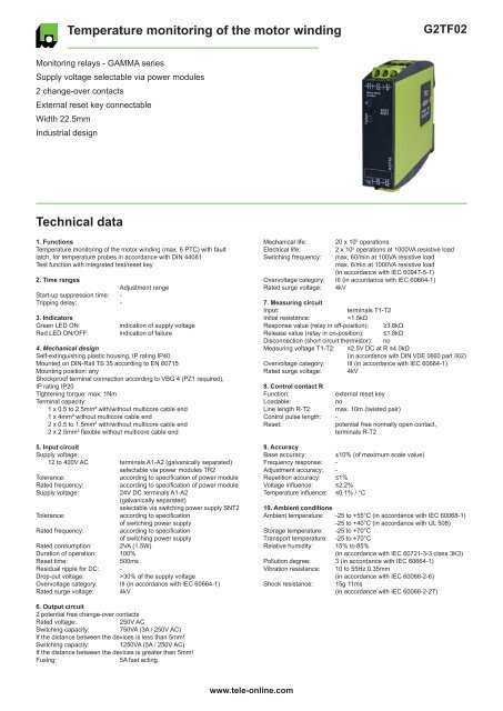 Temperature monitoring of the motor winding Technical data