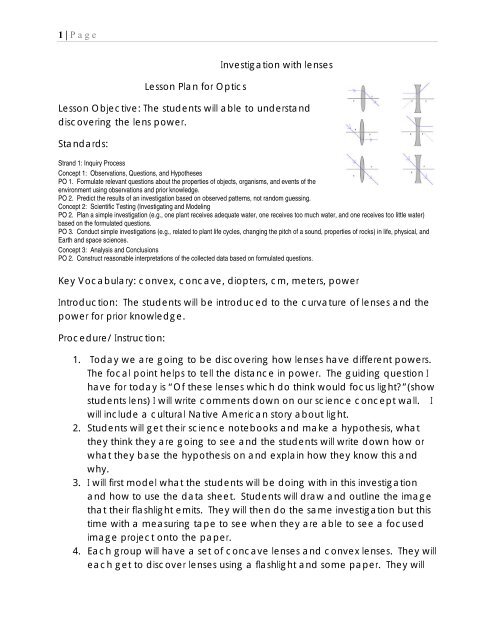 1 | Page Investigation with lenses Lesson Plan for Optics ... - CIAN