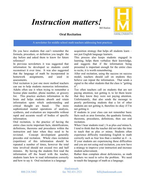 Oral Recitation - Hanlon Math