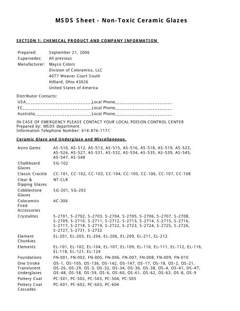 MSDS Sheet - Non-Toxic Ceramic Glazes - Hobby Ceramicraft