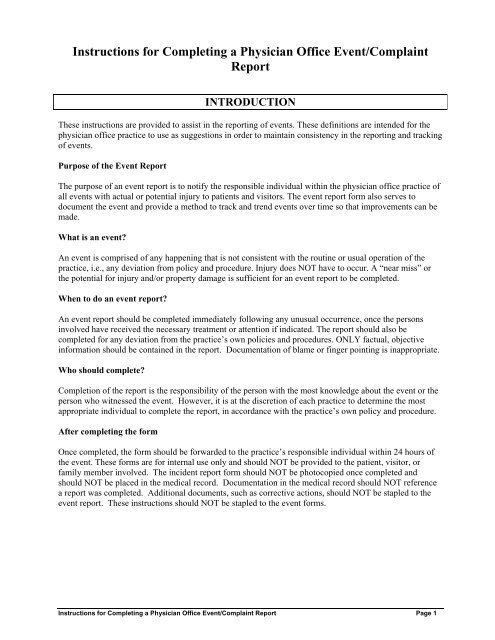 Instructions for Completing a Physician Office Event/Complaint Report