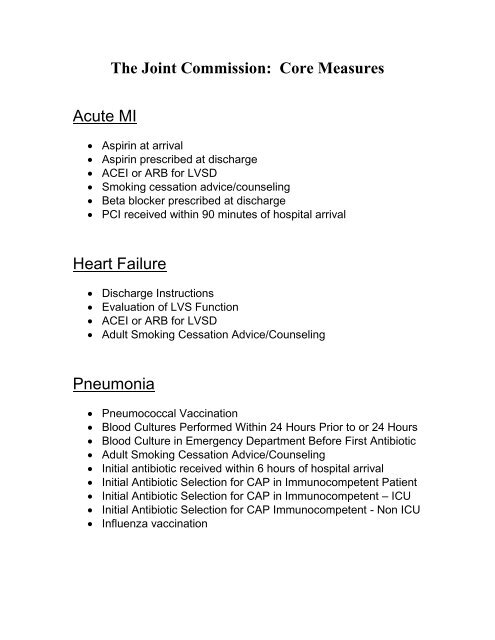 The Joint Commission: Core Measures Acute MI Heart Failure ...