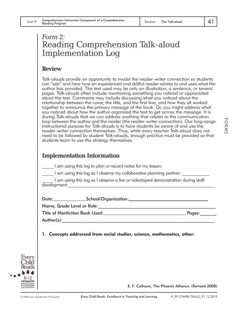 Reading Comprehension Talk-aloud Implementation Log - AEA 267