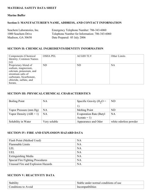 MATERIAL SAFETY DATA SHEET Marine Buffer Section I - Seachem