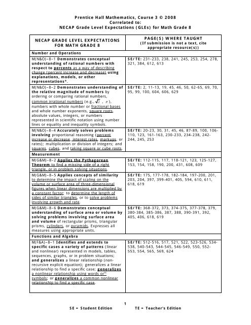 Prentice Hall Mathematics, Course 3 Â© 2008 Correlated to ... - Pearson
