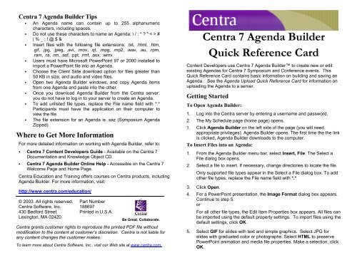 Centra 7 Agenda Builder Quick Reference Card