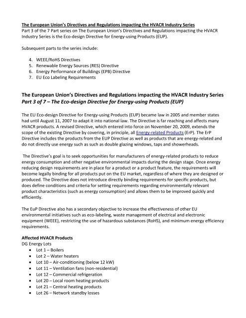 The European Union's Directives and Regulations impacting ... - AHRI