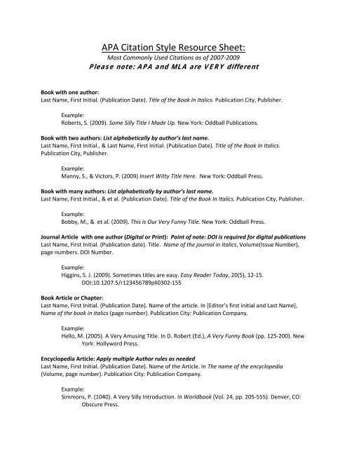 APA Citation Style Resource Sheet: - St. Tammany Parish Library