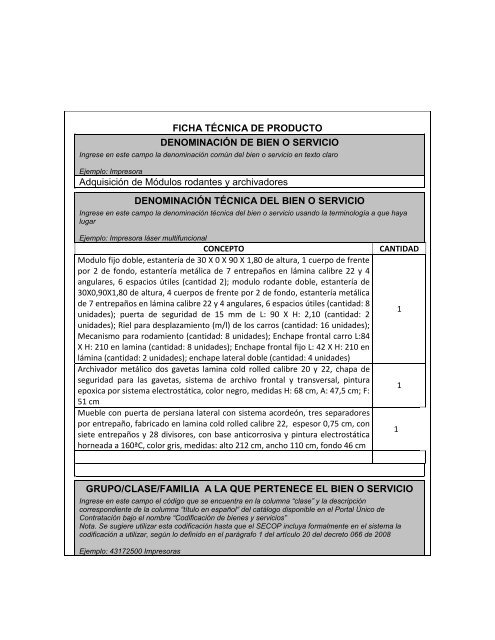 FICHA TÃ CNICA DE PRODUCTO DENOMINACIÃ N DE BIEN O ...