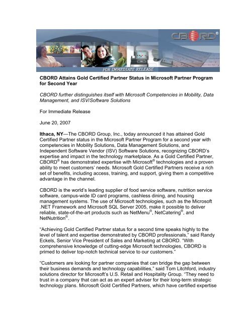 CBORD Attains Gold Certified Partner Status in Microsoft Partner ... CBORD Attains Gold Certified Partner Status in Microsoft Partner ...
