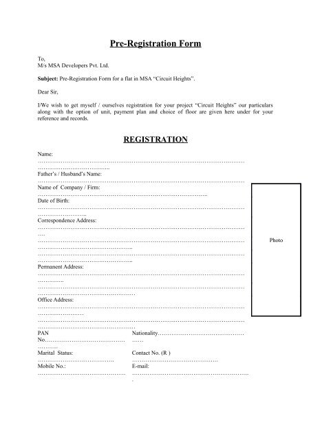 Pre-Registration Form - Real Estate India