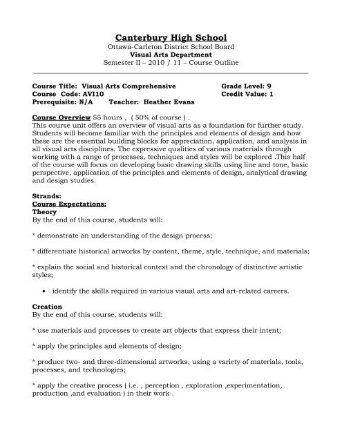 Grade 9 Visual Arts Comprehensive, AVI1O - Canterbury High School