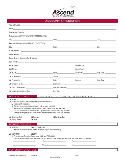 Account Application Card - Ascend Federal Credit Union
