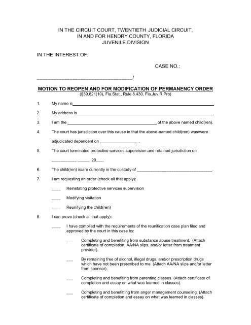 Hendry County Motion to Reopen Form - 20th Judicial Circuit Florida