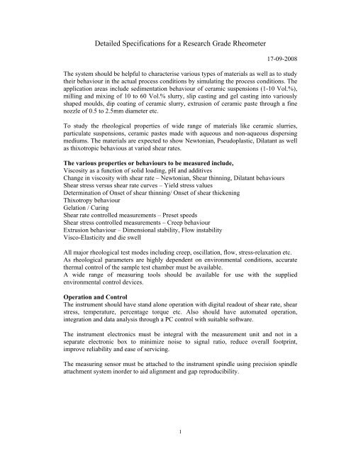 Detailed Specifications for a Research Grade Rheometer
