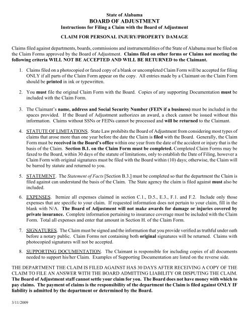 Board of Adjustment Claim Form and Instructions