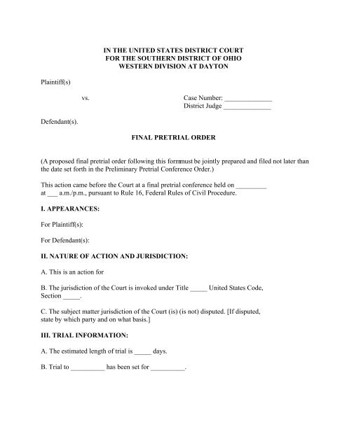 Final Pretrial Order - Southern District of Ohio