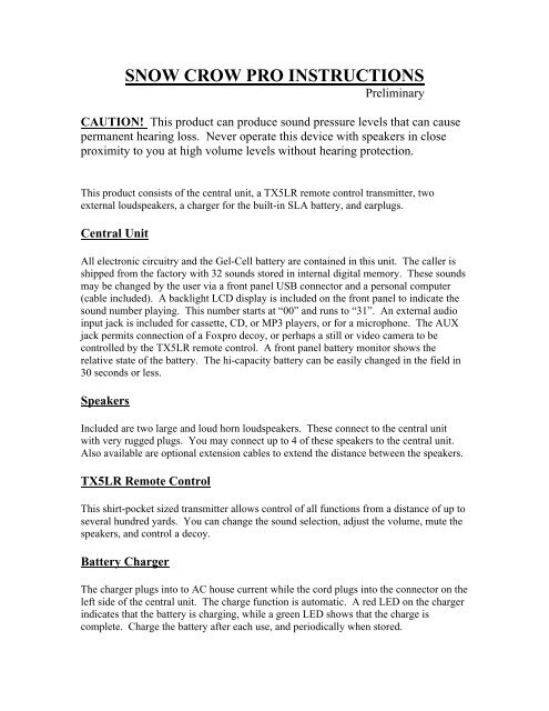 SNOW CROW PRO INSTRUCTIONS - Fox Pro