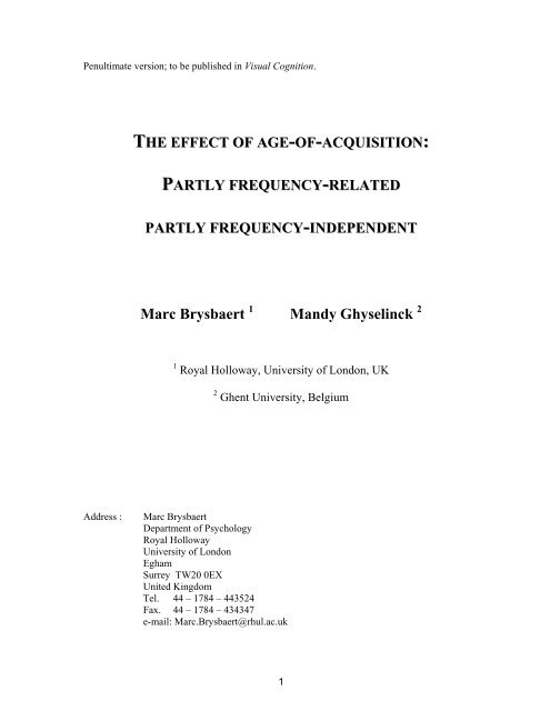 Marc Brysbaert Mandy Ghyselinck - Center for Reading Research