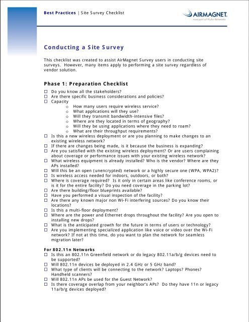 Site Survey Check List - AirWISE Community