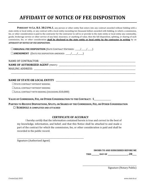 AFFIDAVIT OF NOTICE OF FEE DISPOSITION