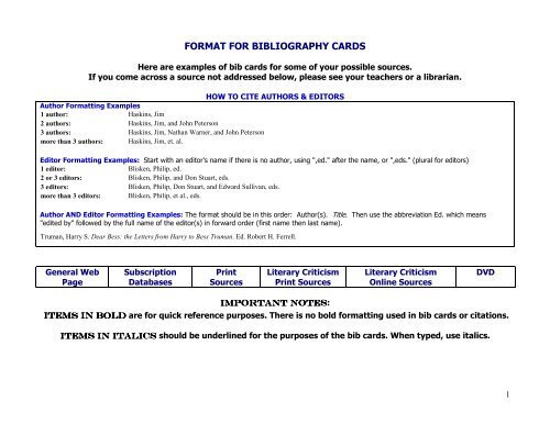 Format for Bib Cards