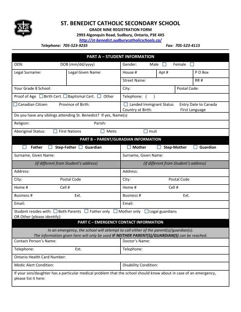 Grade 9 Registration - St. Benedict Catholic Secondary School ...
