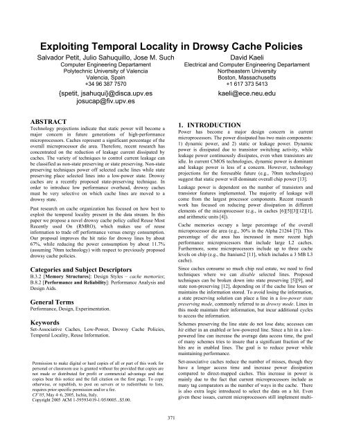 Exploiting Temporal Locality in Drowsy Cache Policies - ACM Digital ...