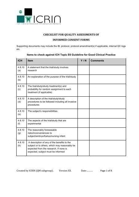 checklist for quality assessments of informed consent forms