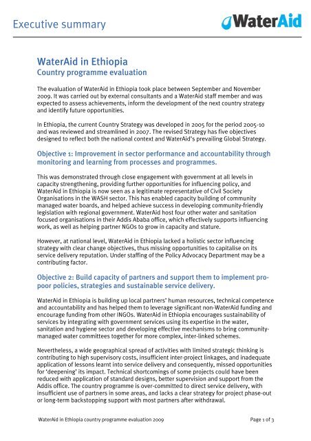 WaterAid Ethiopia country programme evaluation: Executive summary