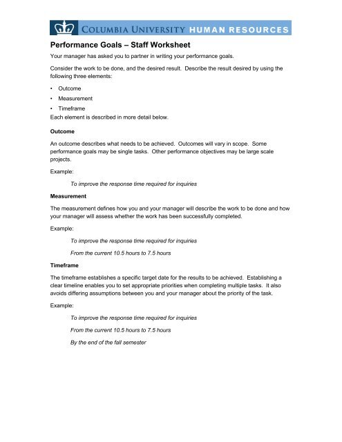 Performance Goals â Staff Worksheet