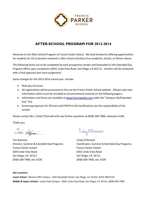 Extended Day Program Vendor Guidelines - Francis Parker School