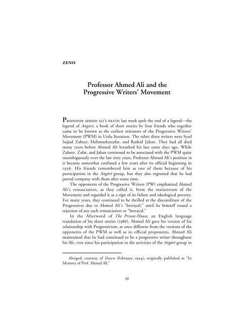 Professor Ahmed Ali and the Progressive Writers' Movement
