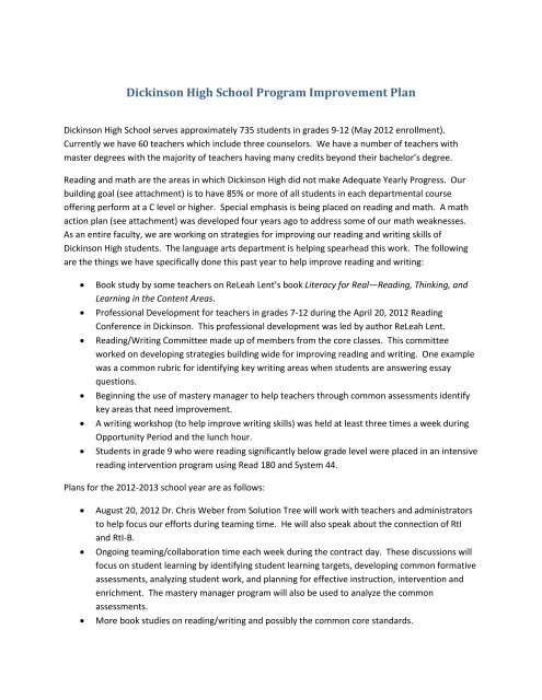 Dickinson High School Program Improvement Plan