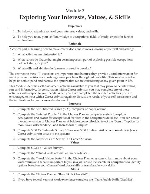 Exploring Your Interests, Values, & Skills - The Career Center