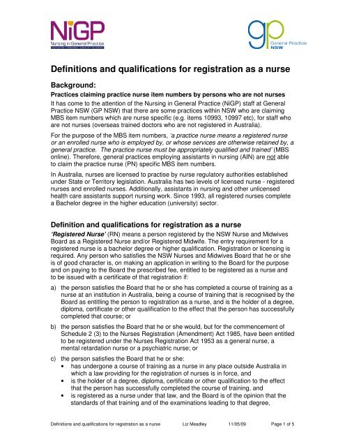 Definitions and qualifications for registration as a nurse - GP NSW