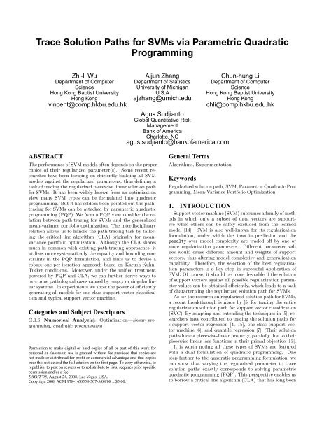 Trace Solution Paths For Svms Via Parametric Quadratic Programming 