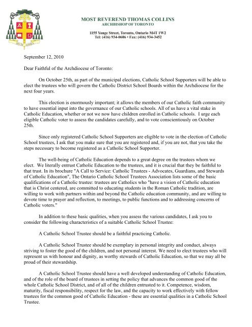 Pastoral Letter - Archdiocese of Toronto