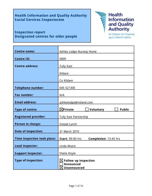 Ashley Lodge Nursing Home Inspection report 22 and - hiqa.ie